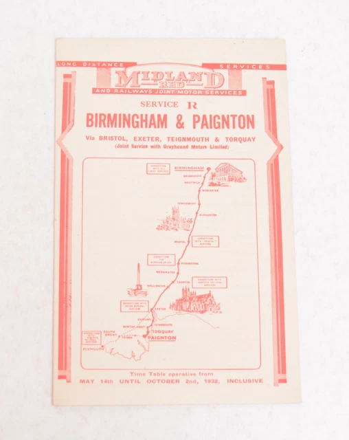 BUS COACH TIMETABLE Handbill Midland Red R Birmingham Paignton 1932 £10 ...