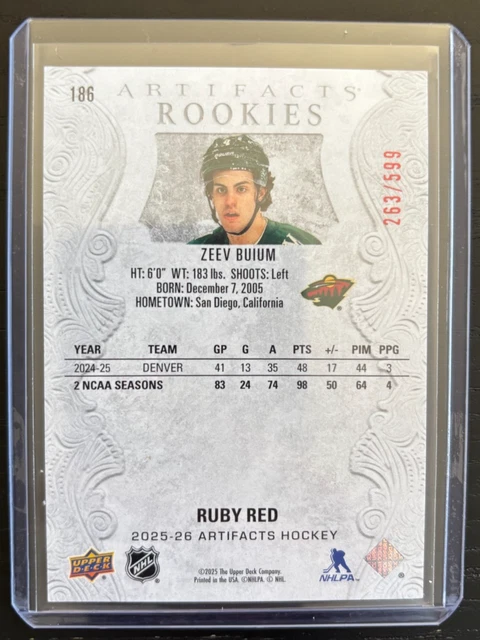 ZEEV BUIUM ROOKIE 2025-26 Artifacts #186 /599 Minnesota Wild RC Ruby ...