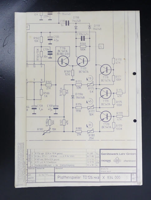 ORIGINAL THORENS TD126 MKIII Turntable Schaltplan/Schematic Circuit ...