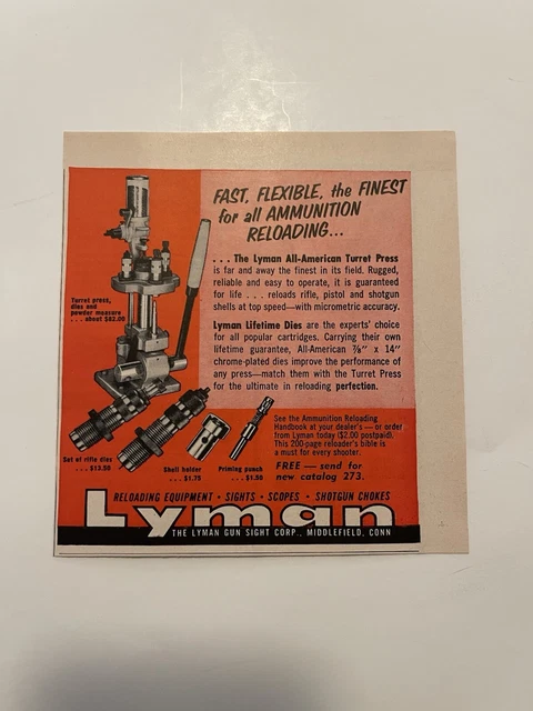 VINTAGE 1959 PRINT Ad Lyman Reloading Equipment Turret Press Ad Only £5 ...