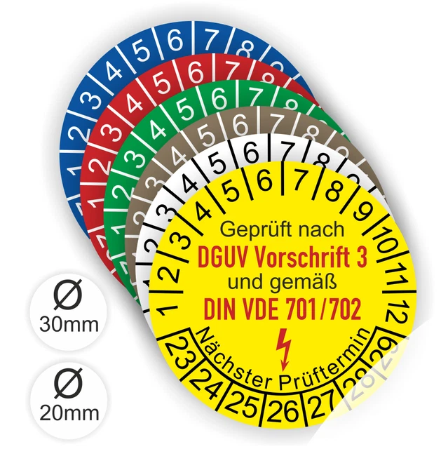 PRÜFPLAKETTEN DGUV V3, DIN VDE Termin Prüfung Elektro Betriebsmittel Ø:20-50mm EUR 4,51 ...