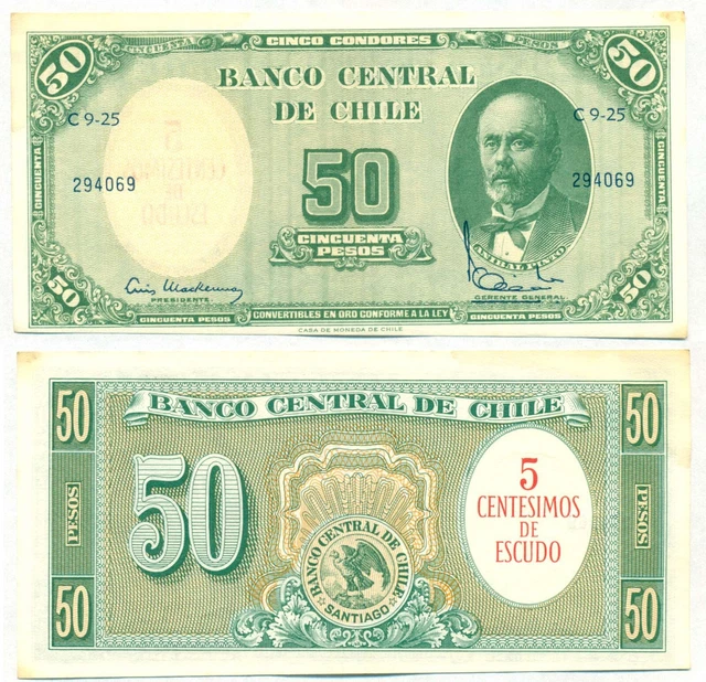 CHILE NOTE 5 CENTESIMOS ON 50 PESOS (1960-61) MACEKNA-IBAÑEZ P 126b UNC ...