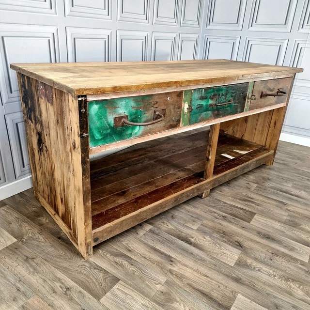LARGE VINTAGE INDUSTRIAL Solid Wooden Work Bench Kitchen Island Counter ...