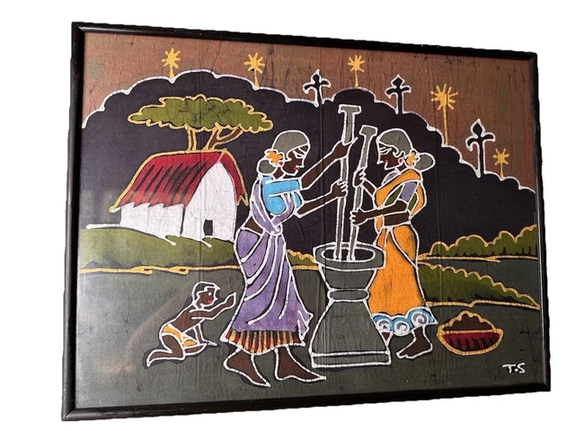 BATIK PAINTING SIRIGU Ghana Fabric Folk Art Framed 25x19" $372.51 ...