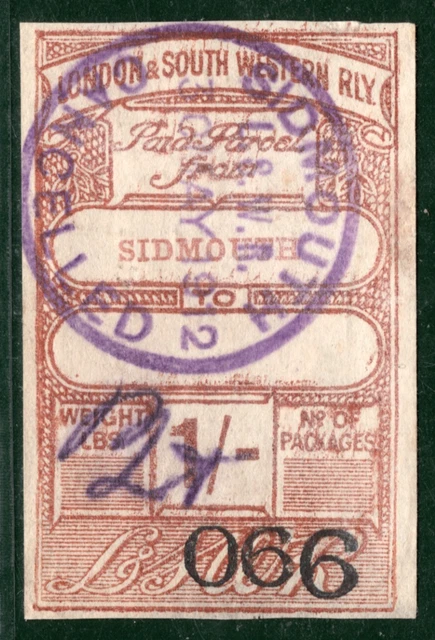GB DEVON LSWR RAILWAY Parcel Stamp 1s *SIDMOUTH* STATION 1912 CDS Used ...