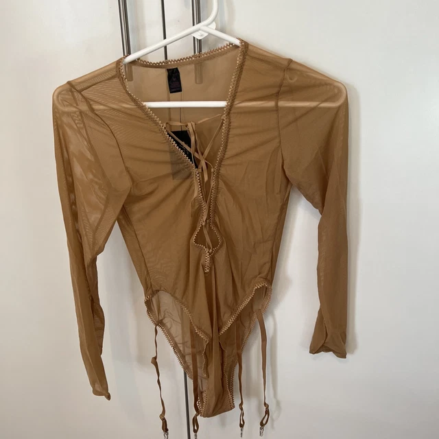 FREDERICK'S OF HOLLYWOOD Lola Lee Sheer Mesh Long Sleeve Teddy Taupe Size Medium £28.49 ...