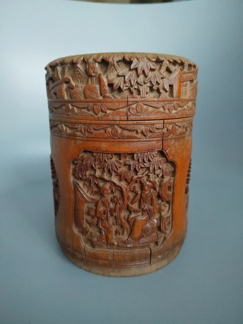 POT BOITE BAMBOU Sculpté Chine Décor Phoenix Et Lettrés EUR 50,00 ...