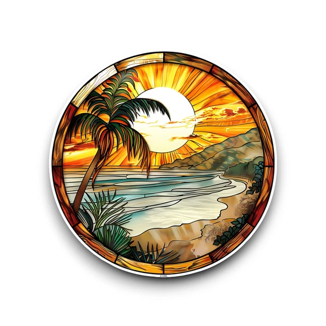 LARGE BEACH SUNSET Stained Glass Window Design Opaque Vinyl Sticker ...