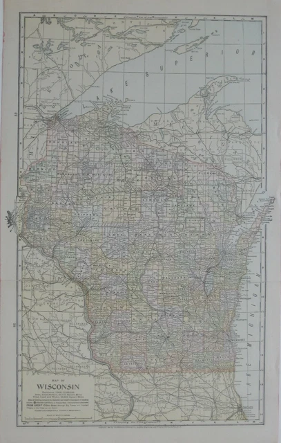 ORIGINAL 1902 ANTIQUE Map WISCONSIN Indian Reservations Railroads ...