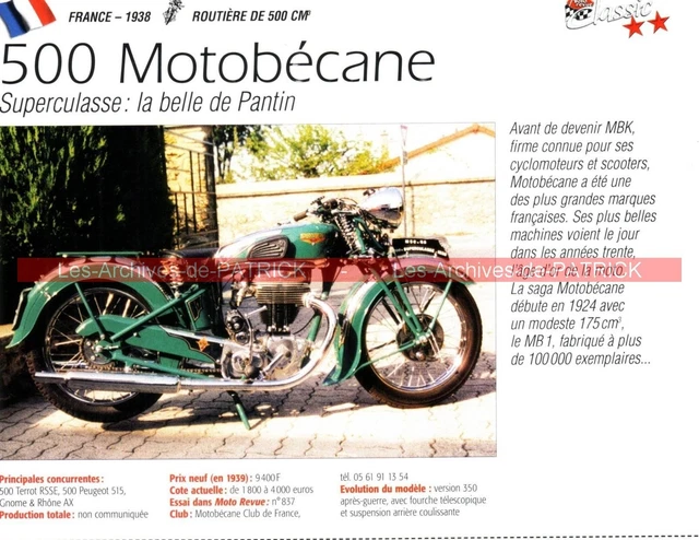 MOTOBECANE 500 SUPERCULASSE ( Super Culasse ) 1938 Fiche Moto 000217 ...
