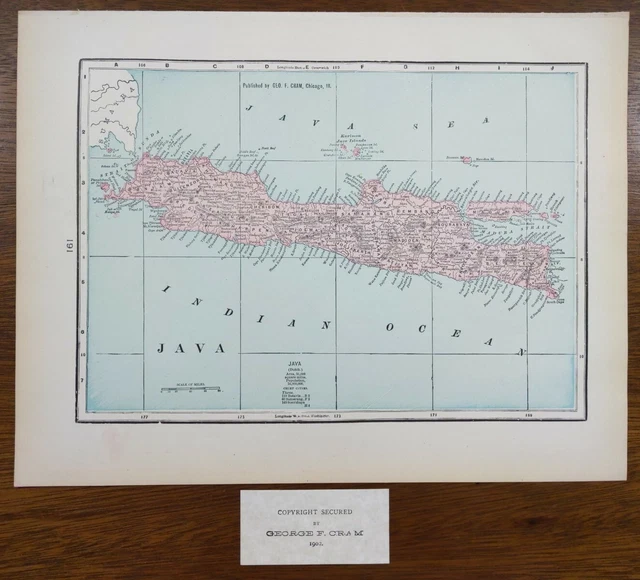 VINTAGE 1902 JAVA Map 14"x11" ~ Old Antique Original BATAVIA SAMARANG ...