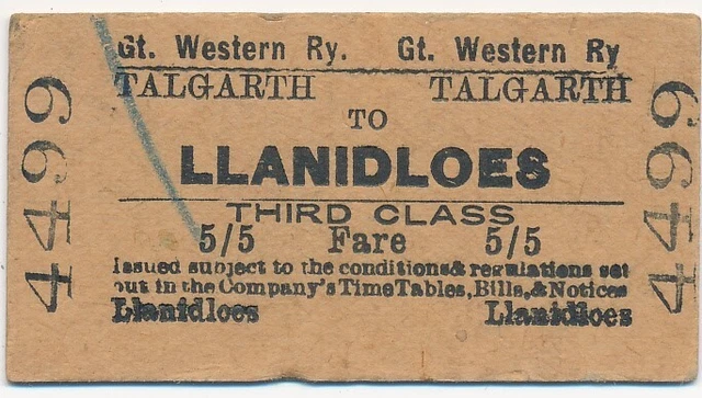 GREAT WESTERN RAILWAY ticket 4499 - TALGARTH to LLANIDLOES £3.00 ...