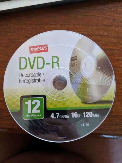 NEW DVD-R RECORDABLE Discs 12 Pack 4.7 GB 120 Min 16x Speed Staples ...