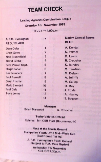 AFC LYMINGTON RESERVES V Netley Centrol Sports 4/11/1989 Combination ...