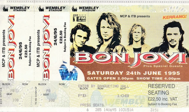 CONCERT TICKET - Bon Jovi @ Wembley Stadium London 24th June 1995 ...