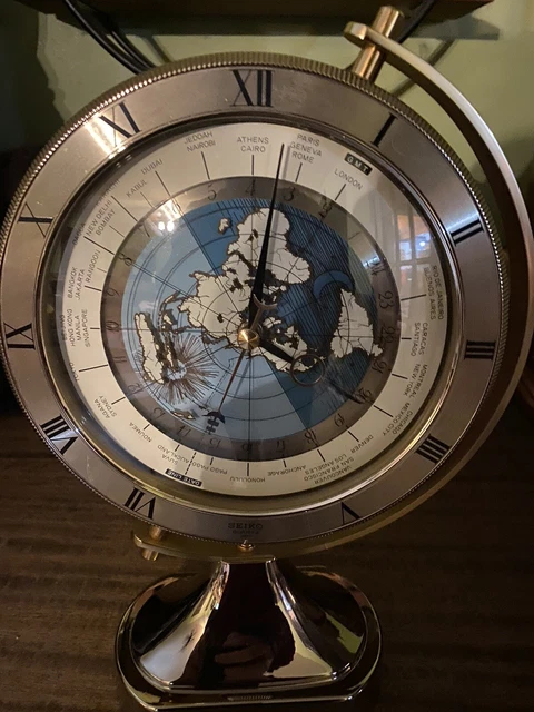 VINTAGE MAP SEIKO Japan World Time Quartz Mantle Clock, 12"x8” Brass ...