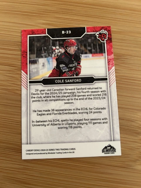 CARDIFF DEVILS BLINDSIDE Trading Cards. 2024/25. SERIES 2. Cole Sanford ...