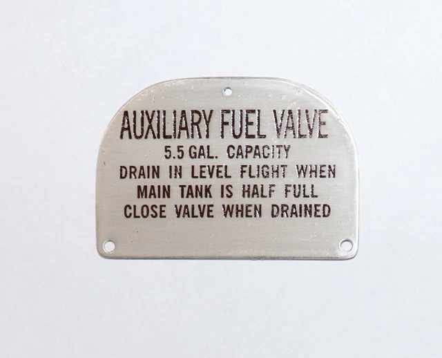AERONCA AUXILIARY FUEL Valve Placard, Overhead Valve for a 5.5 Gallon ...
