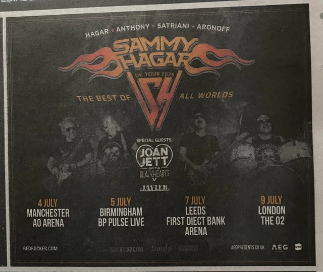 SAMMY HAGAR LIVE Joan Jett Tour Dates 2026 Newspaper Advert Clipping ...