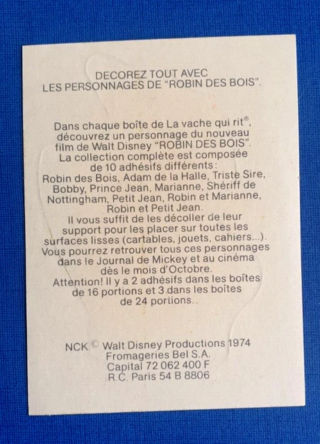 STICKER VACHE QUI Rit 1974 Walt Disney Robin Des Bois Bobby Fromageries ...