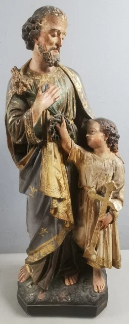 STATUETTE ANTIQUE SAINT-JOSEPH Tenant L'Enfant Jesus PLATRE Peint ...