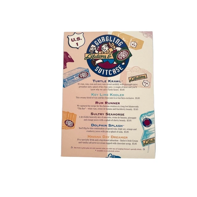DISNEY GURGLING SUITCASE Drink Card Menu Old Key West Resort Vintage £ ...