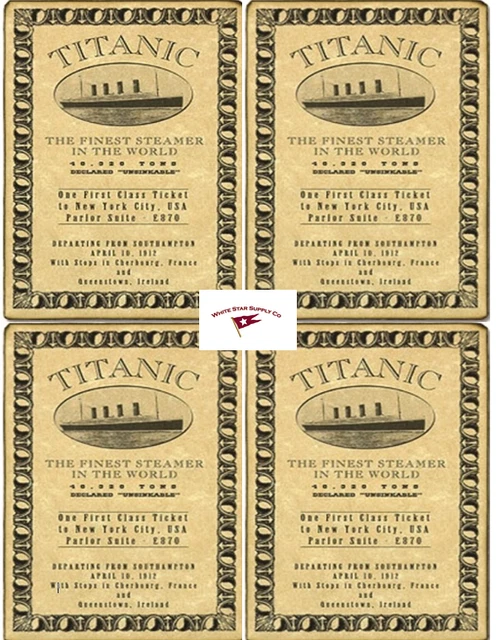RMS TITANIC FIRST Class Tickets, 4 -Per Sheet, Replicas 8.5 X 11 Sheet ...
