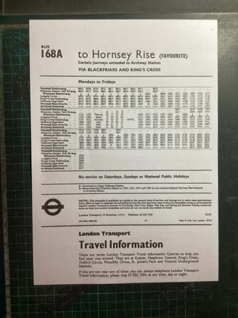 LONDON TRANSPORT BUS Stop Panel Timetable-Route 168A £0.99 - PicClick UK