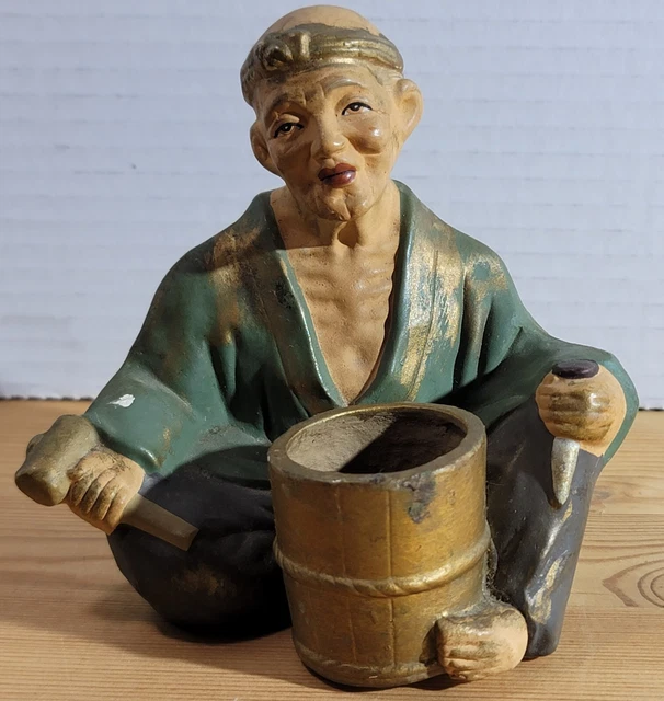 VINTAGE JAPANESE HAKATA Urasaki Seated Clay Figure Man with Hammer and ...