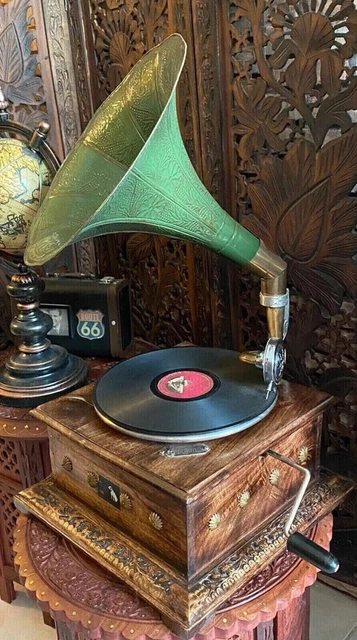 HMV GRAMOPHONE FUNCTIONAL Phonograph Win-Up Record Player Handmade ...