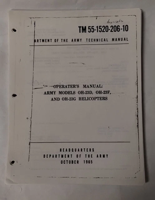 HILLER HELICOPTERS ARMY Models OH-23D-F-G Operators Manual-Copy EUR 21 ...