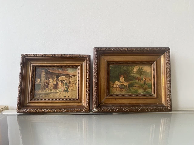 ANCIEN ENSEMBLE 2 tableaux peintures scènes personnages EUR 60,00 ...