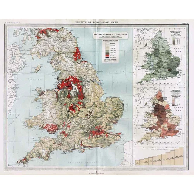 ENGLAND AND WALES Population Density - Antique Map c1903 by Bartholomew ...