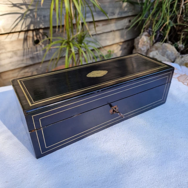 COFFRET ANCIEN BOÎTE Napoléon III Bois Laqué Noir, Laiton, Clé, Bijoux Jeux... EUR 40,00 ...