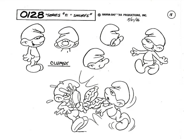 HANNA-BARBERA THE SMURFS 1986 Production Studio Copy CLUMSY Model Sheet ...