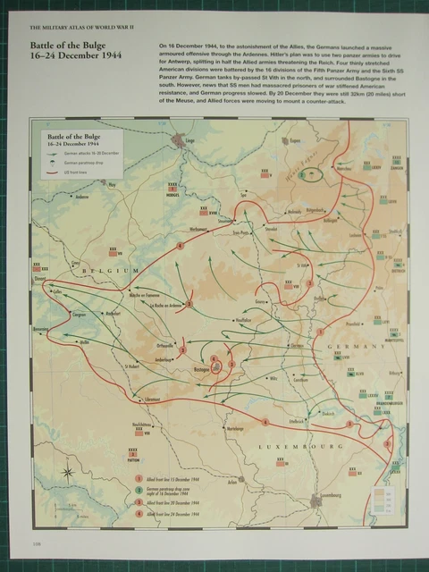 WW2 WWII MAP ~ Battle Of The Bulge 16-24 Dec 1944 German Attacks ...