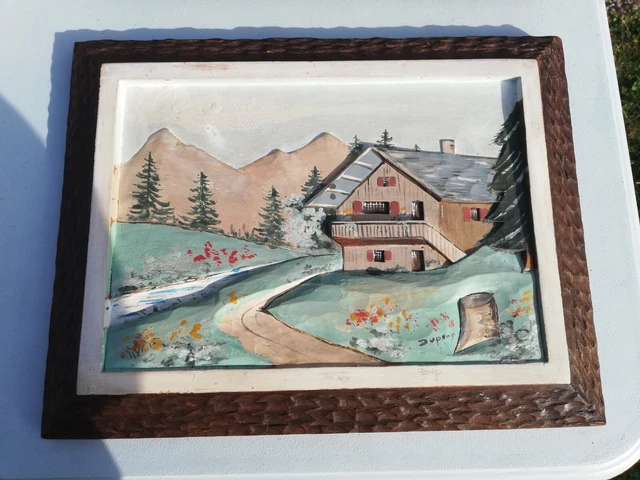 TABLEAU CADRE BOIS peint en relief sculpté chalet de montagne paysage ... TABLEAU CADRE BOIS peint en relief sculpté chalet de montagne paysage ...