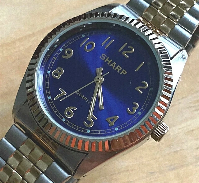 VINTAGE SHARP MENS Dual Tone Fluted Bezel Blue Dial Analog Quartz Watch ...