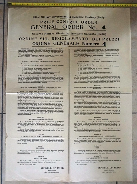 WW2 RARE POSTER Manifesto Amgot Sicily Husky Landing 1943 General Order ...