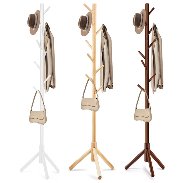 WOODEN COAT RACK Stand Free Standing Tree Clothes Hanger Hat Coat Rack ...