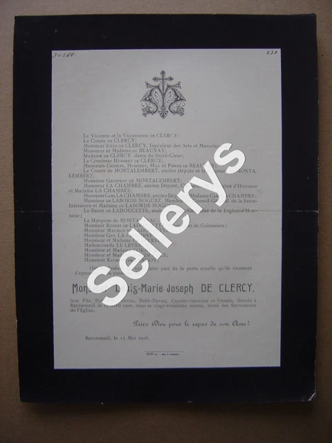 FAIRE PART DE décès de Monsieur Louis Marie Joseph de CLERCY Baromesnil EUR 24,90 - PicClick FR