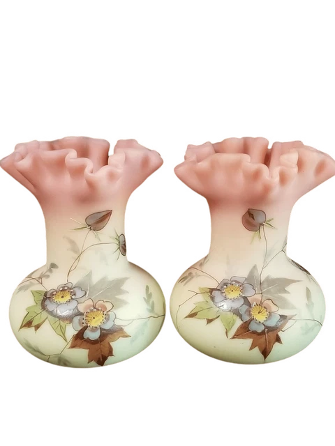 THOMAS WEBB BURMESE Vases Enameled Pair C.1890 Ruffled rims £412.45 ...