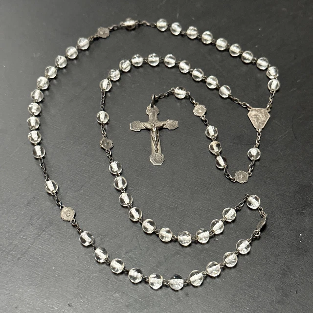 RARE CHAPELET ANCIEN Argent massif Et Boule Nacre croix reliquaire ...