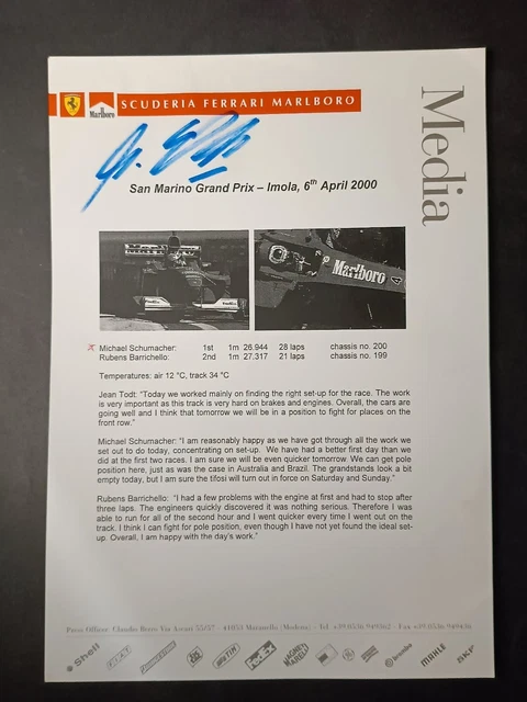 AUTOGRAFO MICHAEL SCHUMACHER Foglio Media Ferrari Marlboro GP San ...