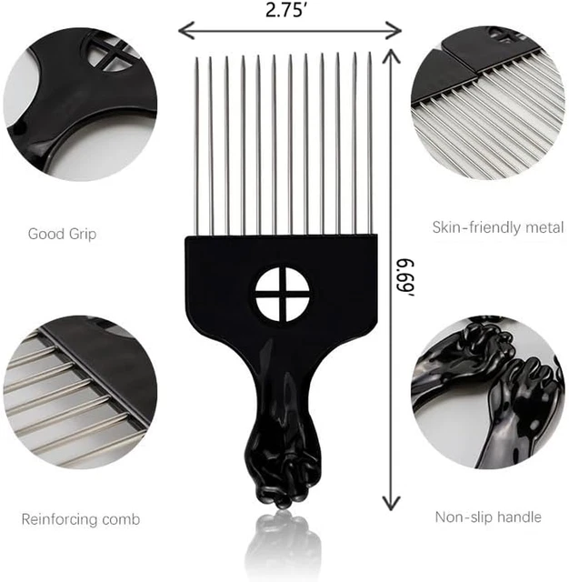 BLACK METAL AFRO Pick Combs for Curly Hair - Detangle & Style Comb for ...