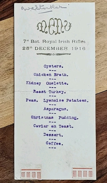 WW1 7TH ROYAL Irish Rifles Officers Mess Menu Card, Signed Xmas 1916 ...