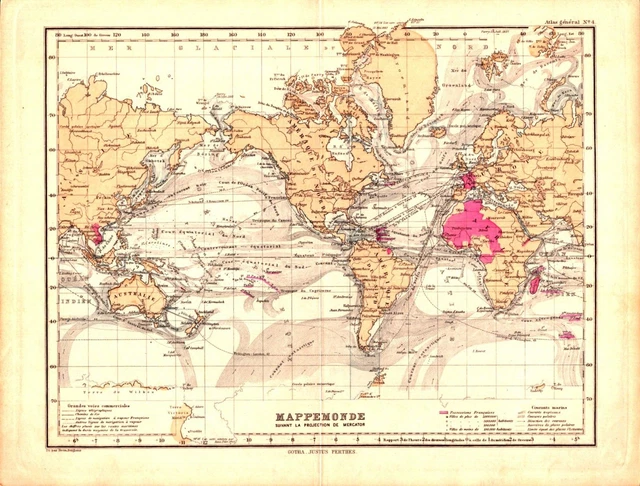 MAPPEMONDE, WORLD MAP, MERCATOR PROJECTION Antique original map 1885 £ ...