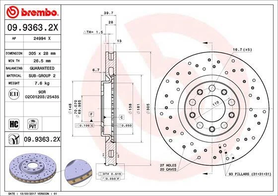 DISCO DE FRENO BREMBO 09.9363.2X EUR 180,68 - PicClick FR
