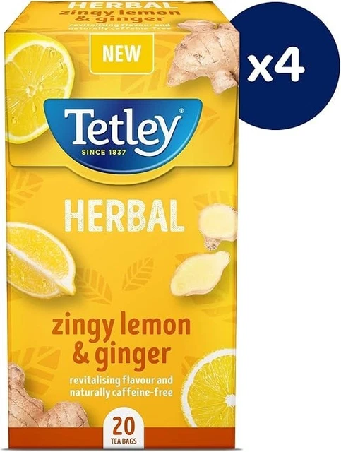 TETLEY ZINGY LEMON & Ginger Herbal Tea Bags Pack of 4 Boxes 80 Teabags ...