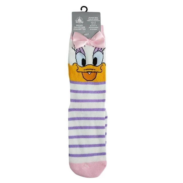 DISNEY PARKS DAISY Duck Socks Womens Size 4-10 Pink Bow Stripes Calf ...